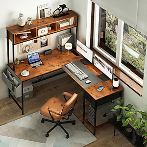 Yoobure L Shaped Desk with LED Strip & Power Outlet, Reversible L-Shaped Computer Desk, Corner Desks Home Office Desk with Drawer, Gaming Desk