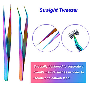 2 Pieces Straight and Curved Tip Tweezers Eyelash Extension Tweezers, Stainless Steel False Lash Application Tools (Iridescence)