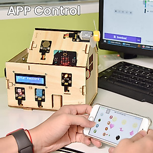 KEYESTUDIO Microbit Smart Home Starter Kit with Micro:bit V2, MakeCode Blocks & Python Code|Wireless Remote Control APP| Solar & Micro USB Charging|RGB,i2c LCD for Kids Coding