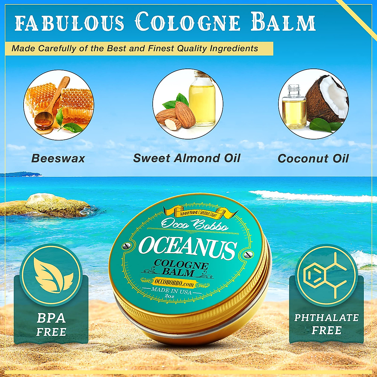 Handy Hound Occo Bobbo - Oceanus Solid Cologne Men - Made In the USA - A Clean Masculine Scent - All Natural Ingredients - 2 oz