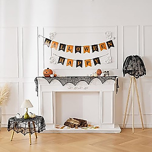 7 Pack Halloween Decorations Indoor Set- Halloween Fireplace Mantel Scarf&Spider Table Runners&Round Tablecloth&Halloween Banner&Cobweb Lampshade&Coasters&3D Bat Sticker for Halloween Party Decors (F)