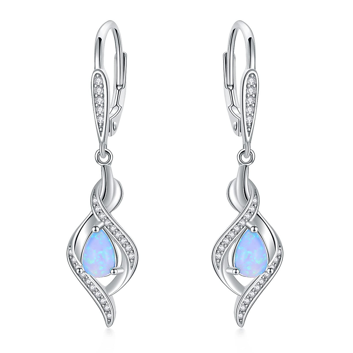 VONALA Opal Earrings 925 Sterling Silver Blue Opal October Birthstone Dangle Drop Dangly Leverback Earrings Valentine's Day Jewelry Gifts for Women