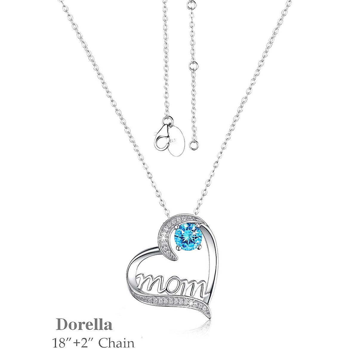 Dorella Sterling Silver Fine Jewelry for Mom Aquamarine Necklace Love Heart Pendant March Birthstone Necklace for Women Birthday Gifts