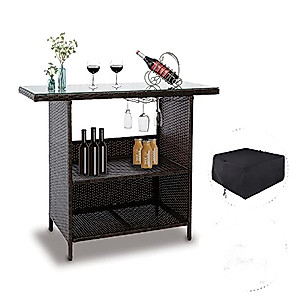 FOOWIN PE Wicker Bar Counter, 3 in 1 Glass Top Outdoor Patio Bar Table w/ 3 Steel Shelves, Rattan Bar Counter w/ 3 Sets of Rails, Gift Waterproof Cover and Dust Tablecloth for Garden Patio