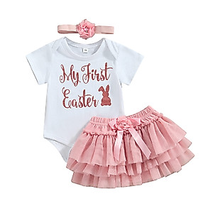 Newborn Infant Baby Girl Easter Outfit My 1st Easter Short Sleeve Romper Bodysuit and Tulle Tutu Skirt 0-18M (Pink, 3-6 Months)