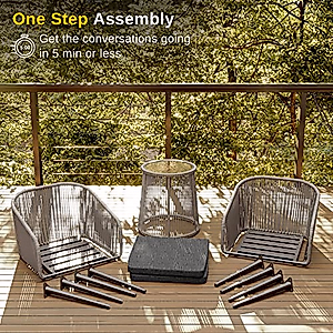 EAST OAK Breezeway Patio Furniture Set, 3-Piece Outside Bistro Set Handwoven Rattan Wicker Chairs with Waterproof Cushions, Tempered Glass Table, Outdoor Conversation Set, Light Grey & Dark Grey