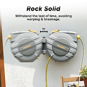 GLAHODEN Retractable Garden Hose Reel, 5/8in x 100ft+6ft 2 Year Anti-fading Water Hose Reel, Patented Design for Any Length Lock Slow Return System Increase Flow Rate By 20% Hose Reel Wall Mount