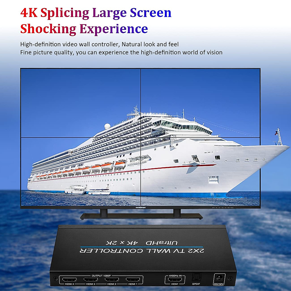 SKYLIGE Video Wall Controller, 2X2 HDMI LED TV Wall Control Processor Support 4 HDMI Output & 8 Display Modes - 2x2, 1x2, 1x3, 1x4, 2x1, 3x1, 4x1, Black