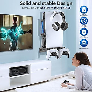 PS5 Wall Mount Kit with Charging and Cooling Fan, PS5 Floating Shelf Wall Mount Stand for PS5 Console, PS5 Controller Wall Mount Charger Accessories with PS5 Cooling Station,Headset Holder