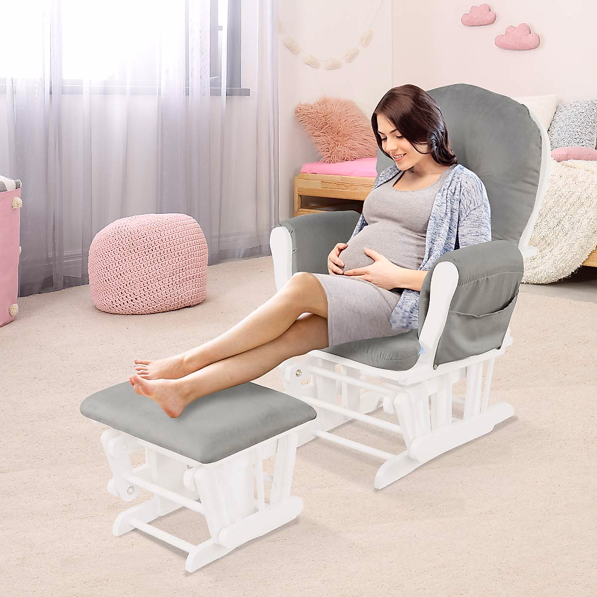 Costzon Nursery Glider with Ottoman, Upholstered Comfort Glider Rocker with Padded Cushion, Storage Pocket, Solid Wood Base, Rocking Chair Nursery for Breastfeeding, Maternity, Napping (Light Gray)