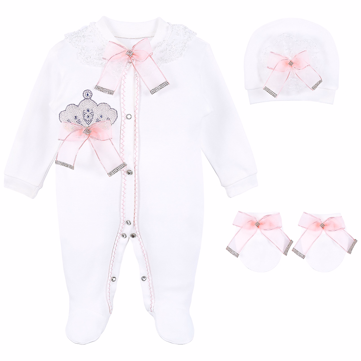 Lilax Baby Girl Jewels Crown Layette 3 Piece Gift Set 0-3 Months Pink