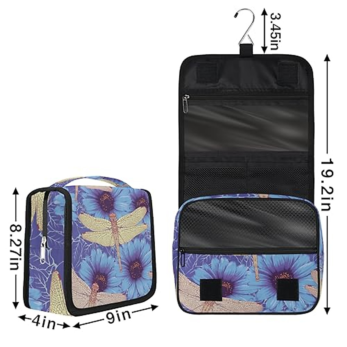 POFATO Dragonfly Blue Flower Travel Toiletry Bag Cosmetic Makeup Bag for Women Men Hanging Hook Wash Toiletries Portable Toiletry Bags Organizer