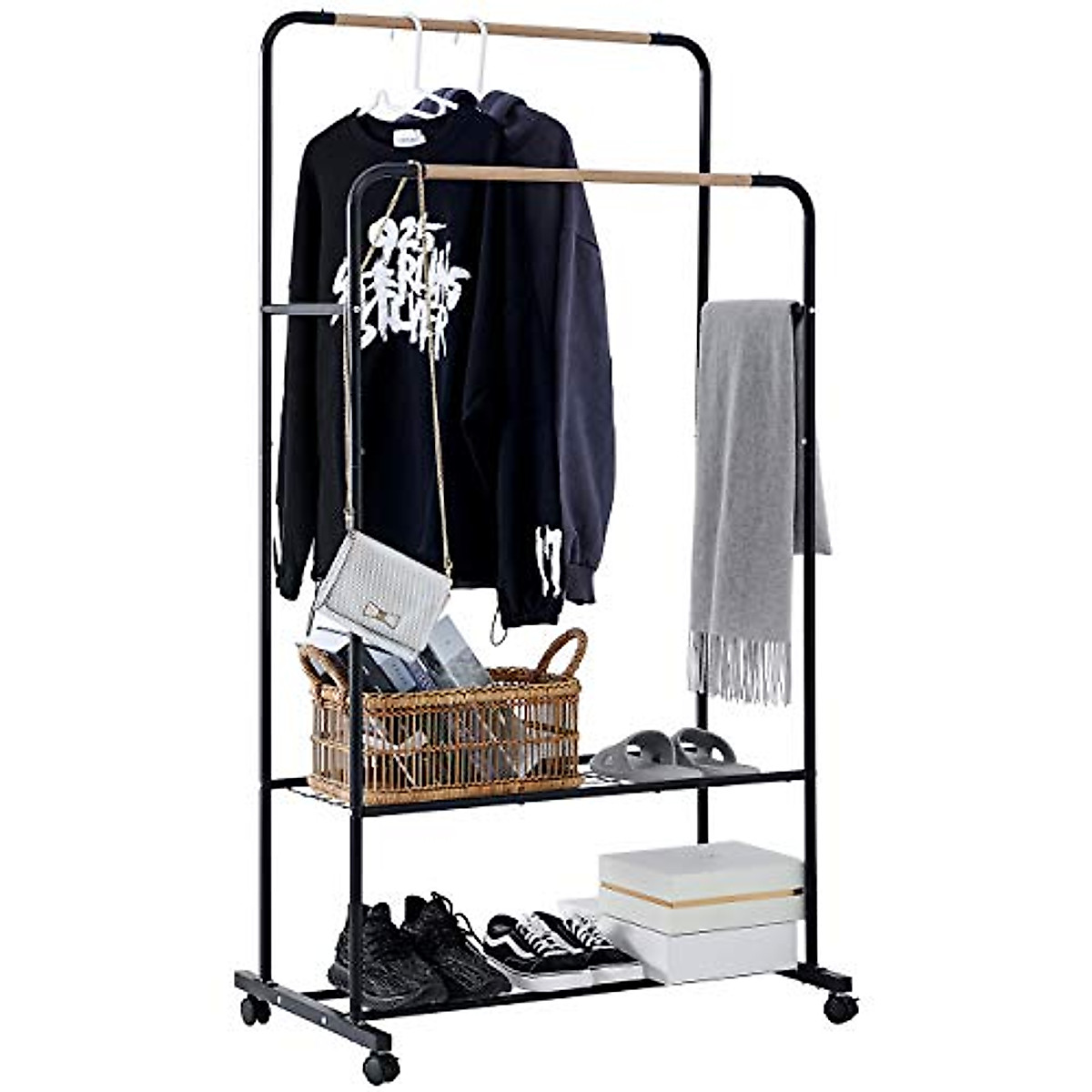 YOUDENOVA Rolling Clothes Rack on Wheels, Clothing Rack for Hanging Clothes, Double Rods Garment Rack, Black