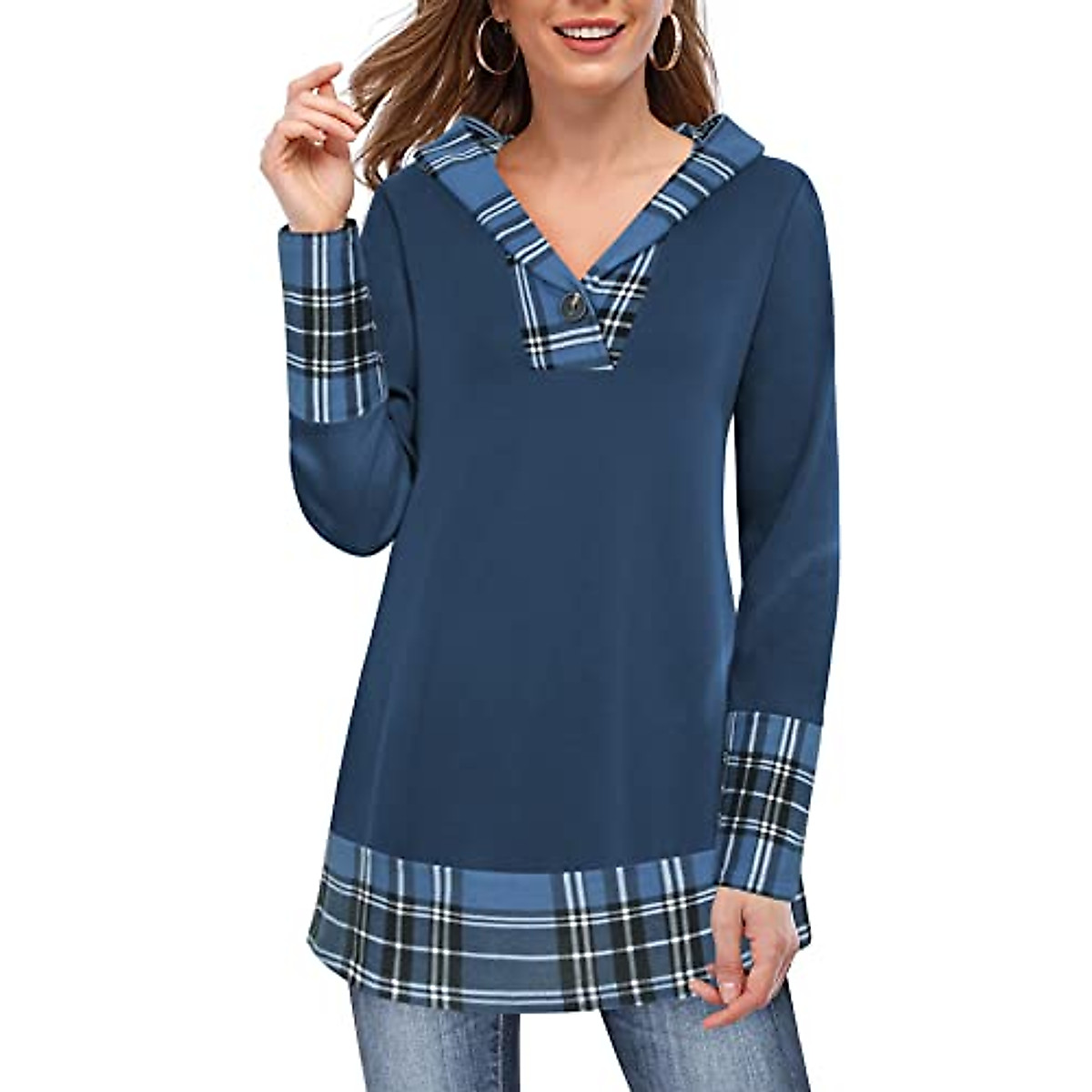 Tunic Sweatshirts for Women,Lotusmile Ladies Long Sleeve Lightweight V Neck Knit Pullover Long Hooded Tunics for Leggings Comfortable Cute Feminine Winter Warm Tops Plaid Elegant Hoodies for Fall