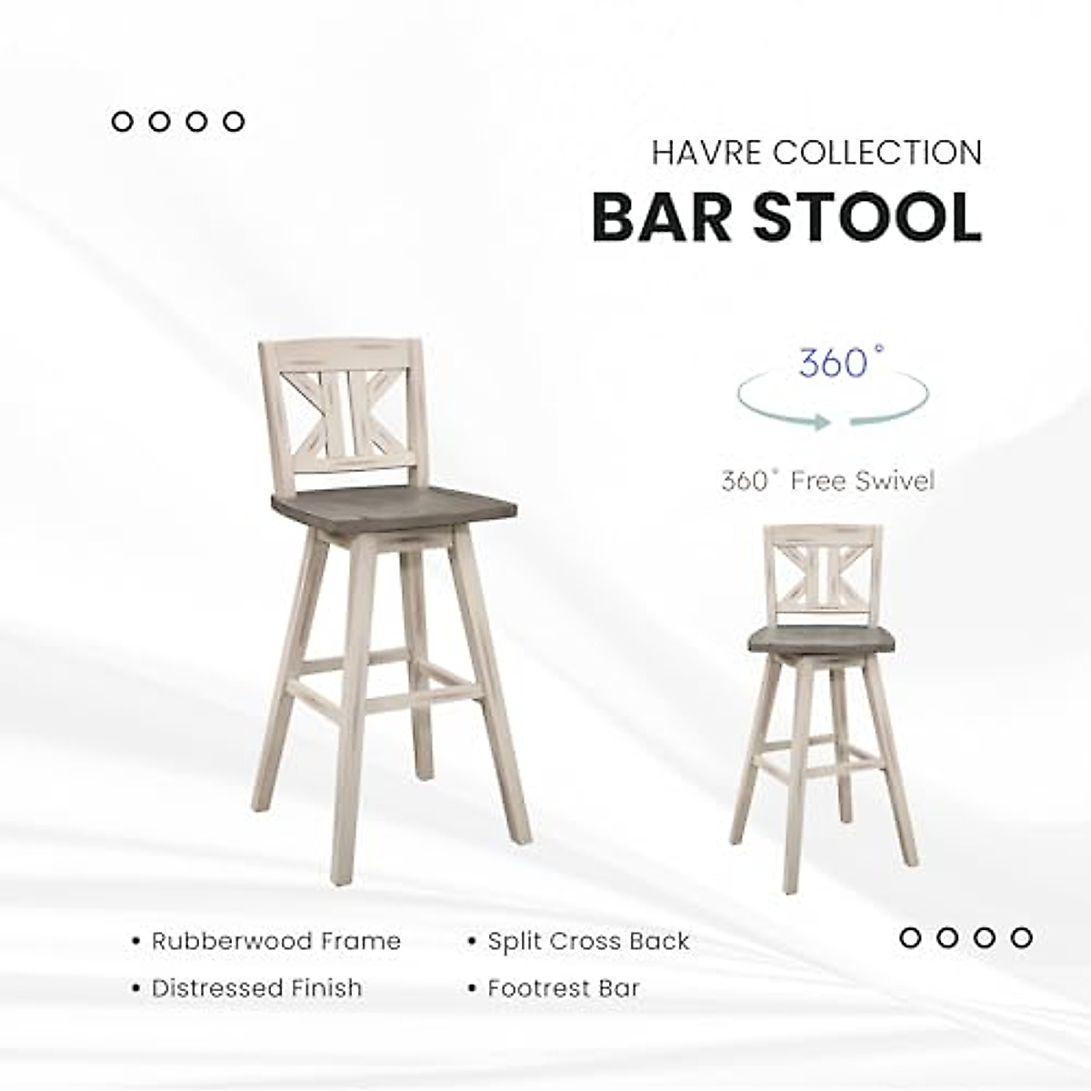 Swivel Pub Bar Height Stools Set of 2, Modern Solid Wood Kitchen Bar Height Stools with Backs, High Back, Swivel Seat, Footrest for Kitchen Island, Easy Assembly, Divided X-Back, 29"SH, White