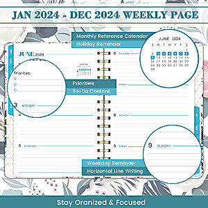 2024 Planner - Planner/Calendar 2024, Jan 2024 - Dec 2024, 2024 Planner Weekly and Monthly with Tabs, 6.3" x 8.4", Hardcover with Back Pocket + Thick Paper + Twin-Wire Binding - Petunia