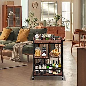 Fleecy day Wine Serving Bar Cart 3 Tier Home Rolling Rack with Wheels Mobile Kitchen Serving Cart,Industrial Vintage Style Wood Metal Serving Trolley Glass Holder Bar Cabinet