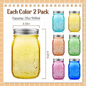 12 Pieces 32 oz Colored Mason Jars Glass Mason Jars with Lids Glass Wide Mouth Canning Jar NOT Allowed Dishwasher(Cute Colors)