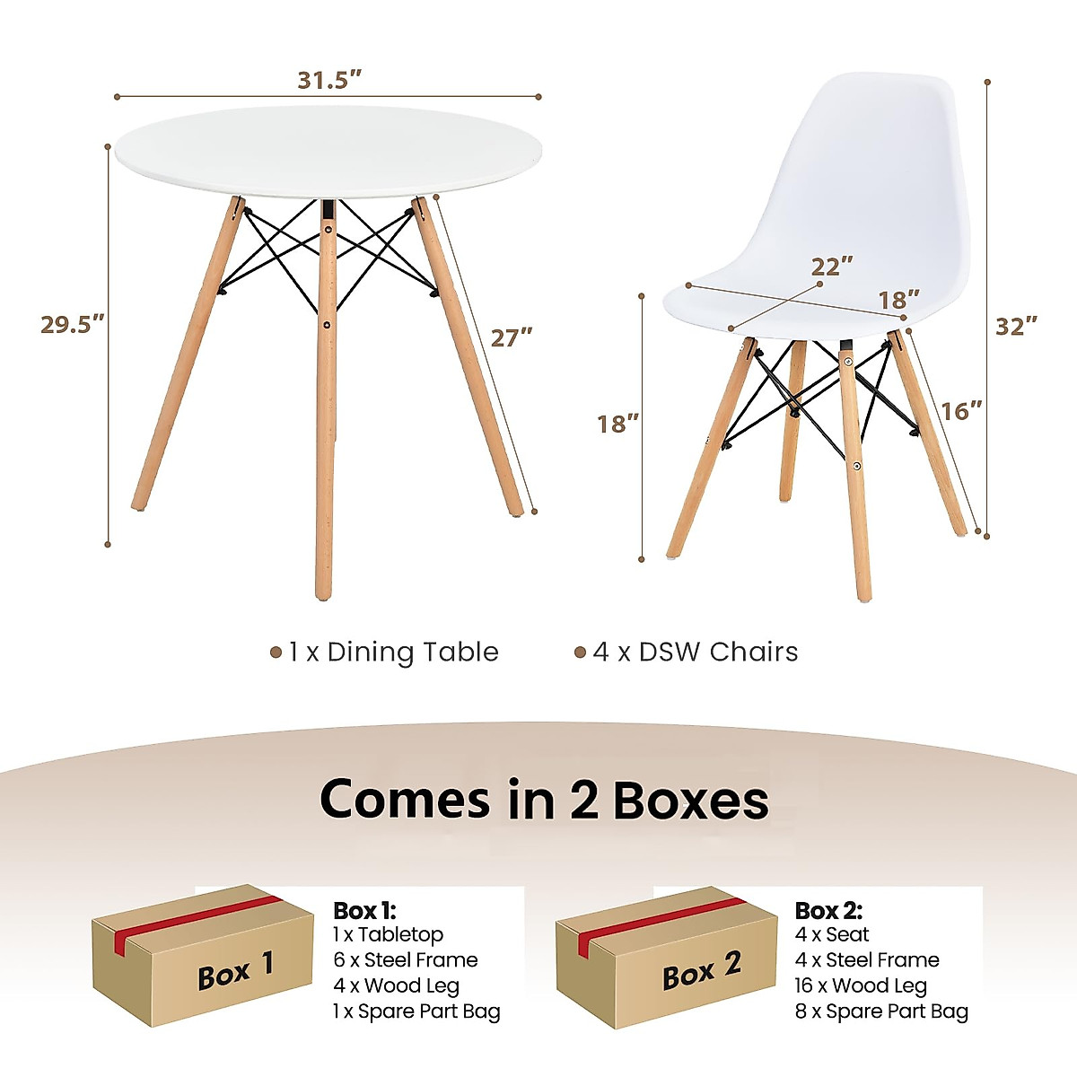 LDAILY Moccha Dining Table Set for 4, 5-Piece Kitchen Table Set with Round Dining Table & 4 Chairs, Breakfast Set with Solid Wood Legs, Modern Space-Saving Dinette Set for Dining Room, Kitchen, White