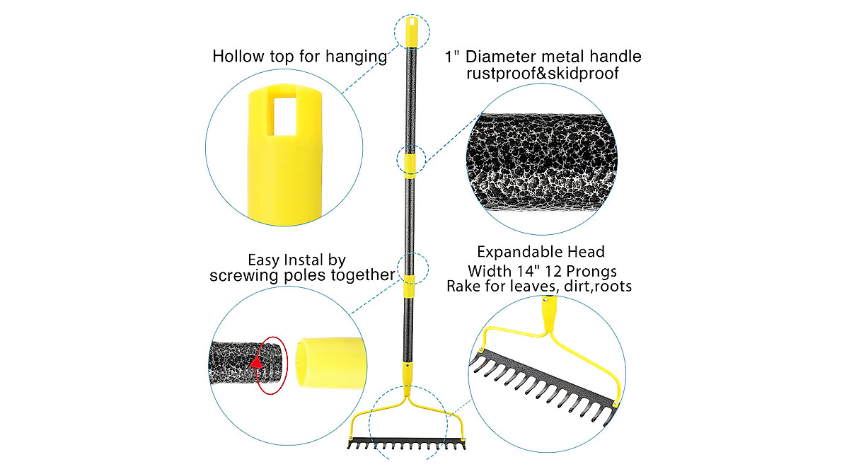 Garden Rake Metal, 12 Prongs 14" Wide Bow Rakes for Lawns Heavy Duty ...