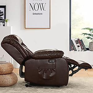 Harkawon Dual Motor Recliner Chair for Adults, Genuine Leather Lay Flat Sleeping Power Lift Chair for Elderly, Power Lift Chairs, with Massage and Heating (Brown)
