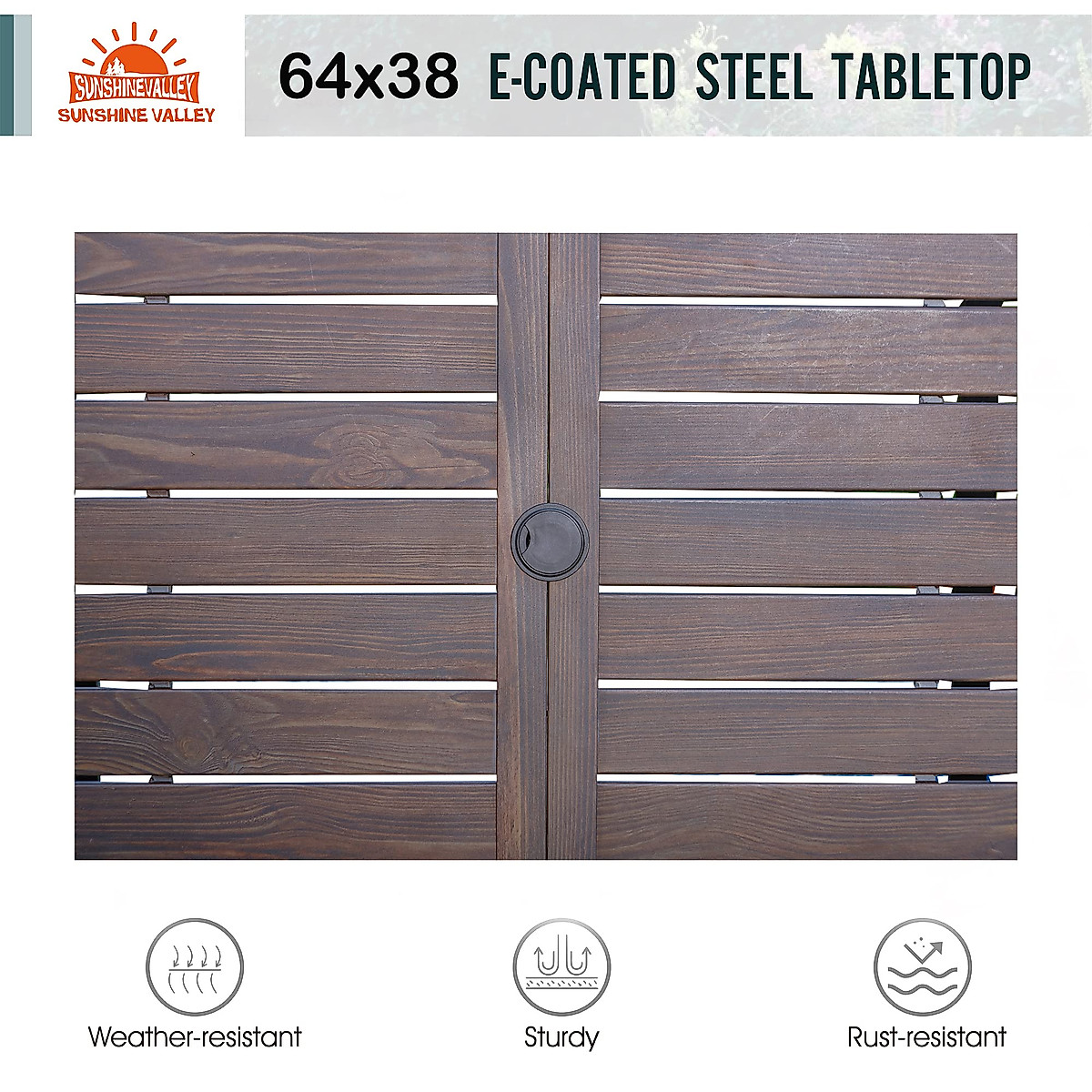 SUNSHINE VALLEY Patio Dining Table 63.8" x 38.2" x28.7" Rectangular Outdoor Dining Table with U-Shaped Legs,Steel Frame with 1.57" Umbrella Hole for Garden Backyard Lawn Yard Furniture.