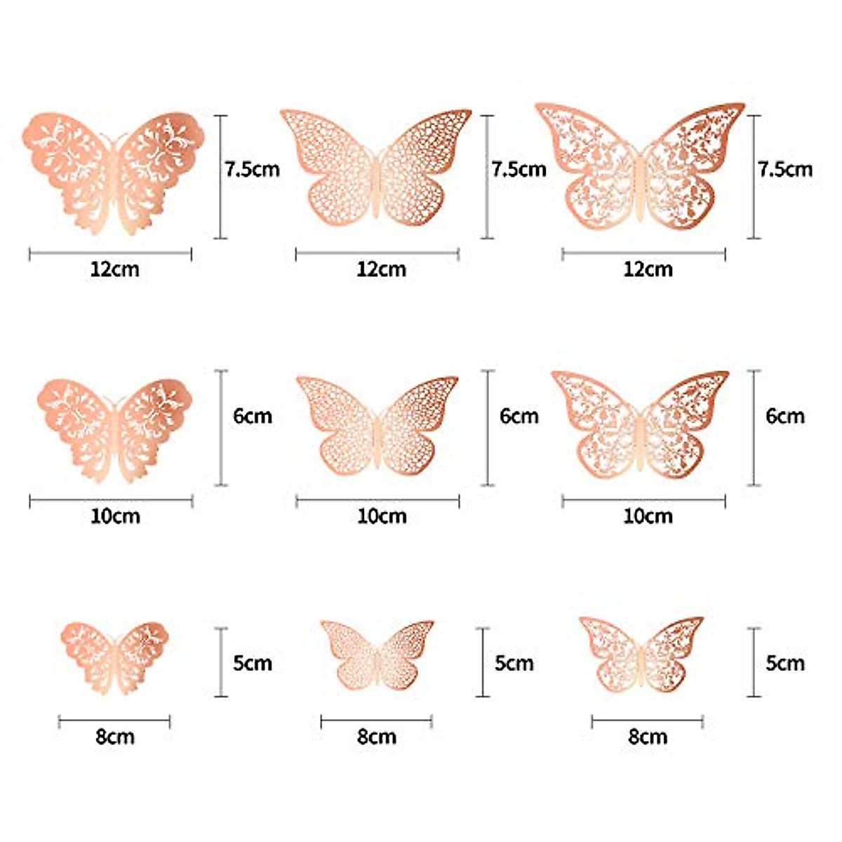 Senkary 72 Pieces (3 Sizes 3 Styles) Rose Gold 3D Butterfly Wall Stickers Wall Decorations Removable Metallic Paper Decals for Home Kids Bedroom Nursery Decor