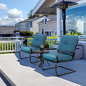 JY QAQA 3Pcs Outdoor Patio Bistro Set Springs Motion Chairs and Round Table Set, Indoor Steel Frame Conversation Furniture Set with Cushions(Peacock Blue)