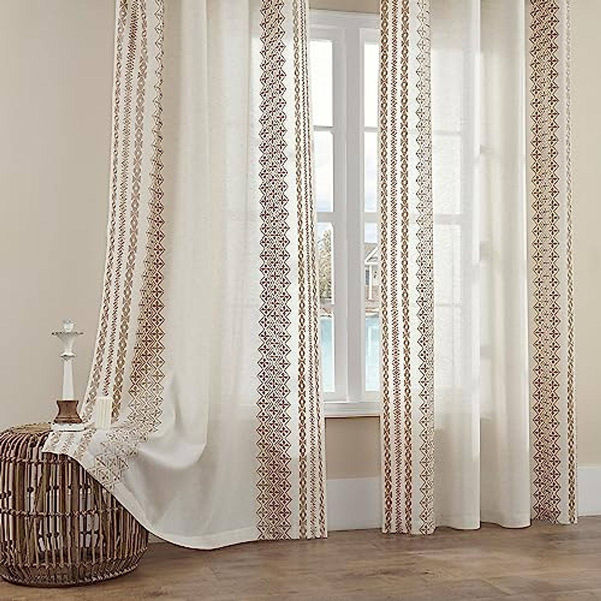 Cream Boho Curtains 108 Inches Long for Living Room bedroom Large Window Curtains 2 Panels Set Grommet Tan Embroidery Flax Drapes for High Ceiling to Floor Length Sliding Glass Doors, 52x108, Taupe