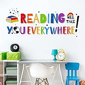 Mfault Reading Will Take You Everywhere Inspirational Quote Wall Decal Sticker, Motivational Phrase Nursery Decoration Classroom Bedroom Playroom Art, Kid Study Room Library Positive Saying Decor Gift