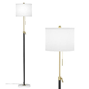 Floor Lamp for Living Room Adjustable Tall Standing Lamp, 3-Way Dimmable Floor Lamp for Bedroom Office, Black Gold Lamp with Marble Base and White Linen Shade, 6W 3000K LED Blub Included
