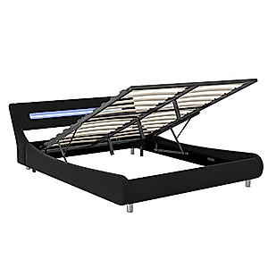 MWrouqfur Low Profile Upholstered Platform Bed with LED Lights Headboard, Hydraulic Lifting Under Bed Storage, Modern Curved PU upholstered Low Profile Platform Bed Frame for Kids Teens Adults