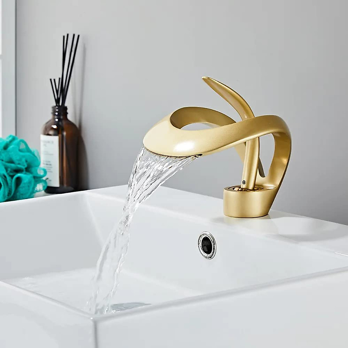 Lovedima Elegant Waterfall Single Handle 1-Hole Bathroom Vessel Sink Faucet Solid Brass Lavatory Vanity Sink Faucet,Frosted Gold