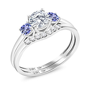 10K White Gold Forever Brilliant Moissanite From Charles & Colvard and Blue Tanzanite and White Lab Grown Diamond 3-Stone Bridal Engagement Wedding Ring Set For Women (0.81 Cttw, Round 5MM, Size 5)