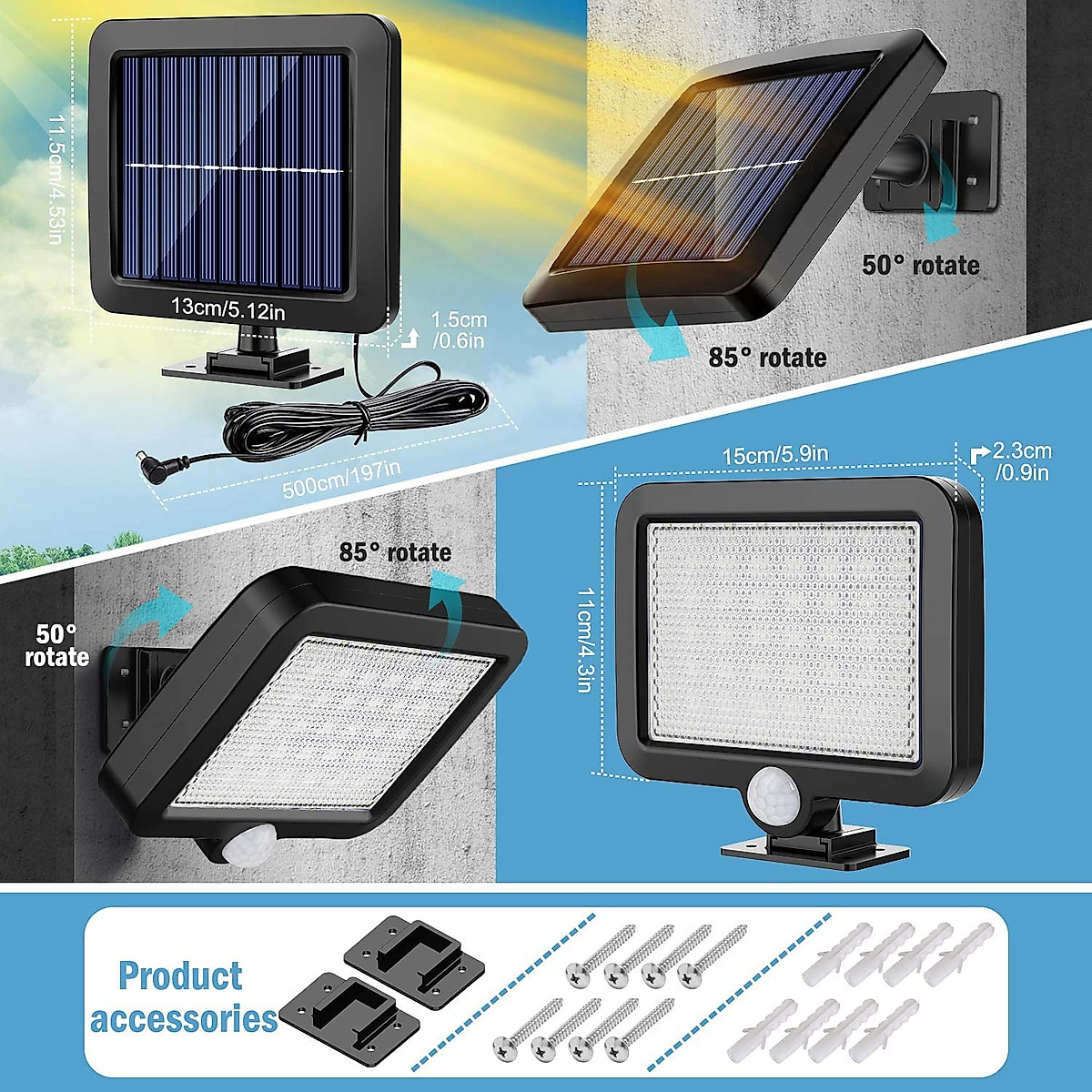 MPJ Solar Light Outdoor, 56 LED Solar Light Outside with Motion Detector, IP65 Waterproof, 120° Lighting Angle, Solar Wall Light for Garden with 16.5ft Cable