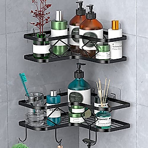 Kadolina 2 Pack Adhesive Corner Shower Caddy Shelf, Bathroom Shower Organizer Shelves, No Drilling Rustproof Wall Mounted Shower Storage Basket Shampoo Holder Organizer (Black)