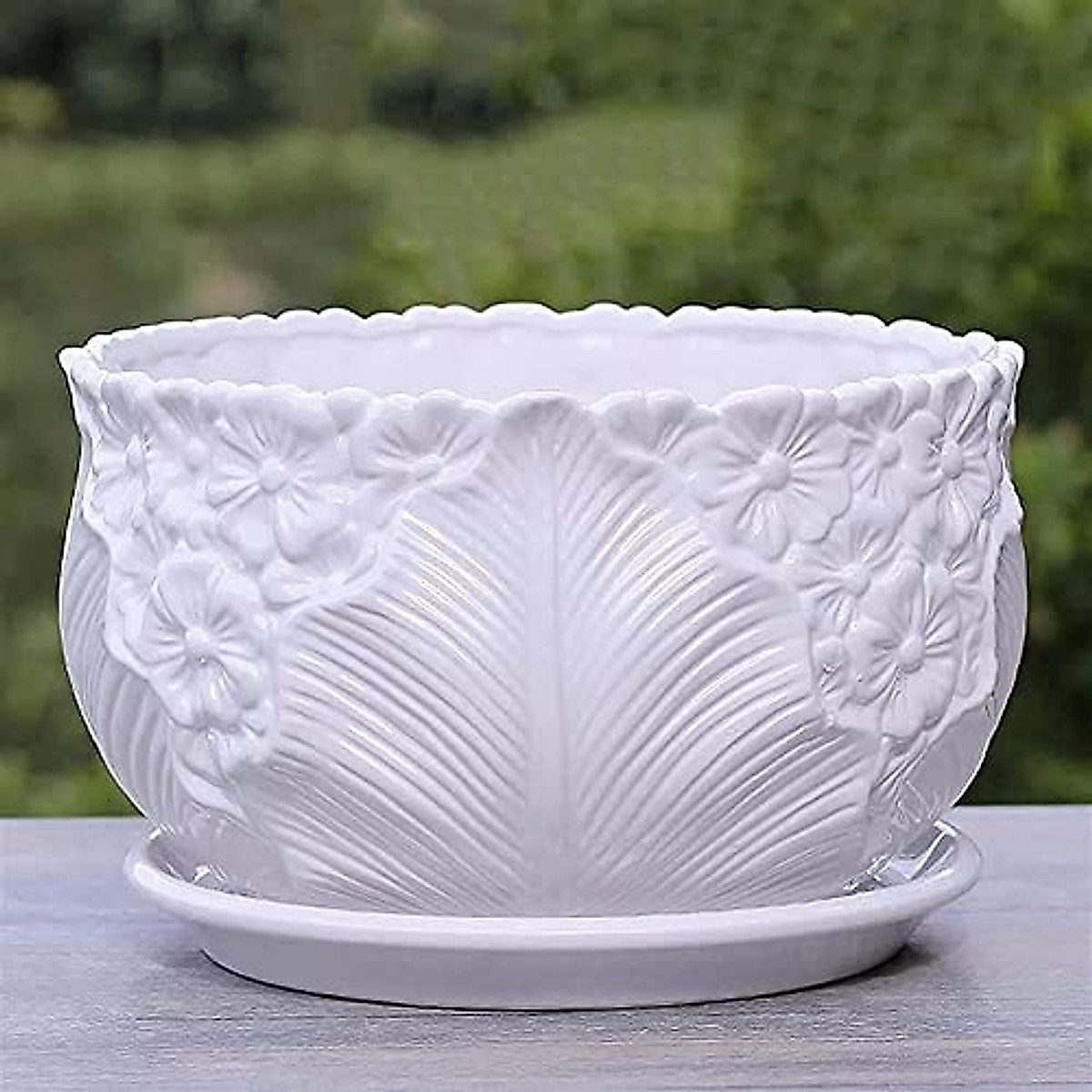 Miikoo1 White Flower Pot Outdoor Ceramic Bonsai Planter Indoor Desktop Balcony Simple Personality Plant Pot with Drainage Hole and Tray, Home Balcony Green Plants Bonsai