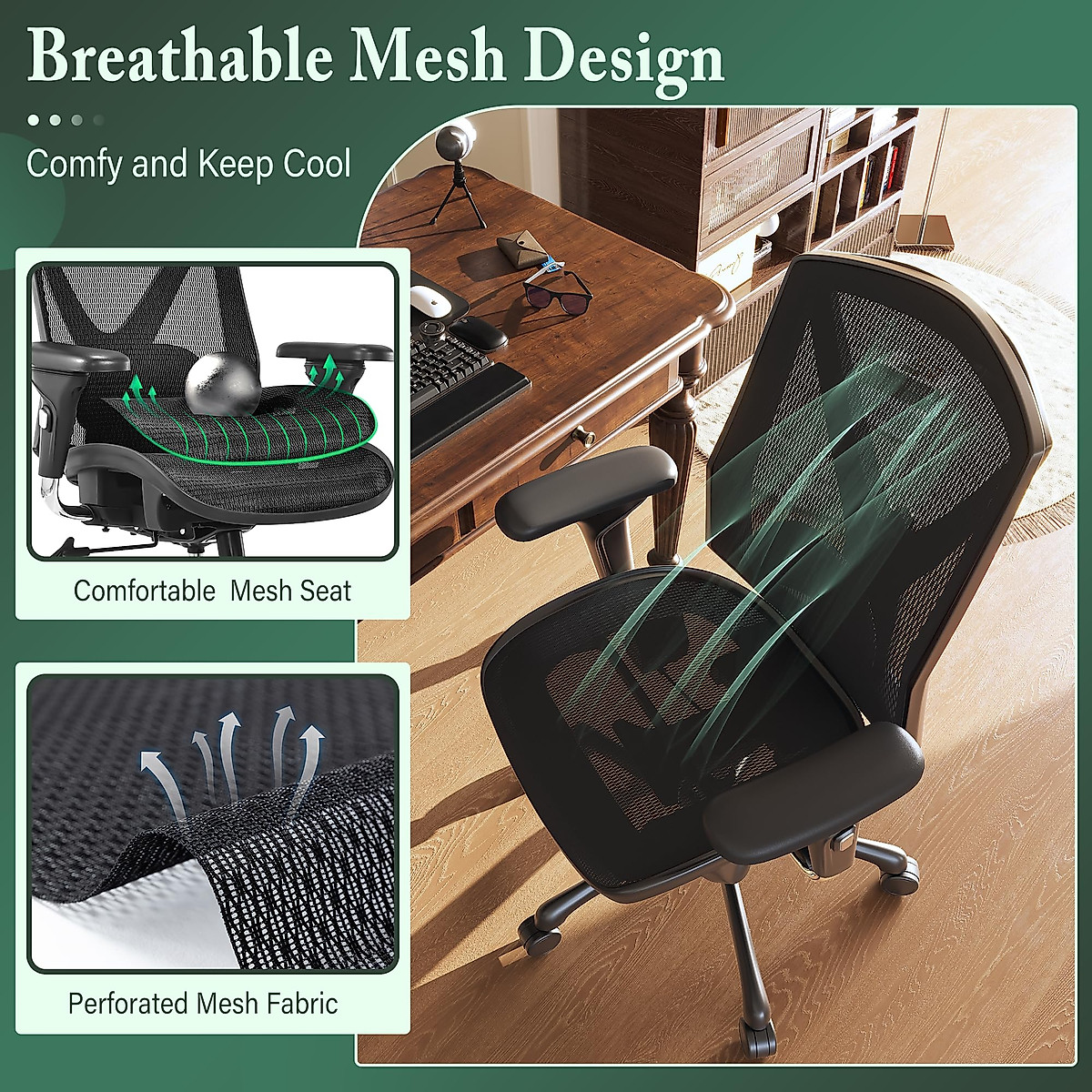 CozNook Ergonomic Office Chair, High-Back Swivel Computer Gaming Desk Chair with Lumbar Support and Adjustable Armrests, Home Office Chair with Breathable Mesh Backrest, 3-Gear Tilt Function,Black