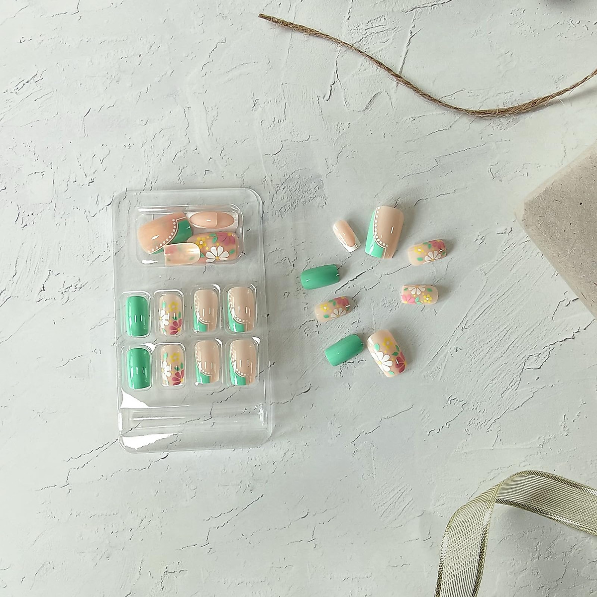 Press on Nails Medium Square False Nails French Tip False Nails Colorful Flower with Designs Acrylic Nails Full Cover Glossy Artificial Nails Reusable Stick on Nails for Women 24Pcs