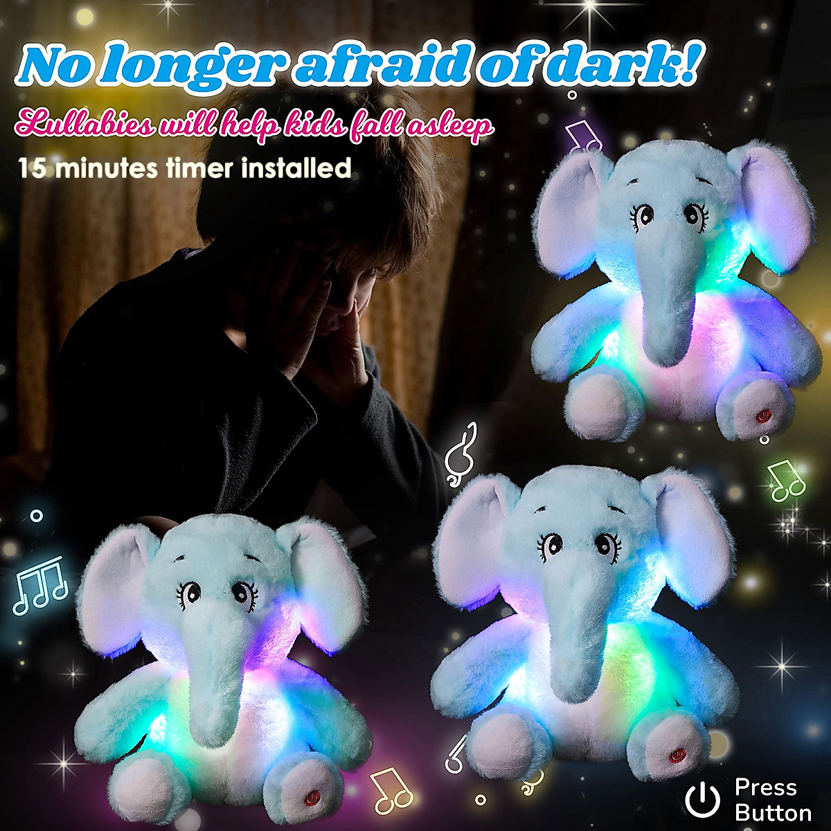 Cuteoy Musical Plush Elephant Stuffed Animal Soft Glowing LED Light-up Nightlight Toys Singing Lullabies Birthday Christmas Plushies Gifts for Kids Boys Girls,10"