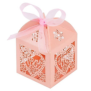 12TEN 50 Pack Thank You Gift Boxes for Wedding Party Favors Boxes Laser Cut boxes Party Favor Box Small Gift Boxes for Wedding Baby Shower Birthday Party with Ribbons, 55 Free stickers (Pink)