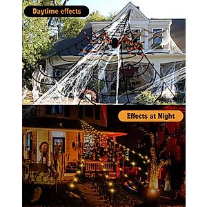 Kefron Hallow Decorations 150LED Light Up 23Ft Triangular Spider Web with 60'' Black Orange Giant Spider for Outdoor Home Yard Halloween Party Deco, Included 20 Mini Spiders 40g Stretchable Spiderweb