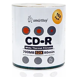 Smartbuy 300-disc 700mb/80min 52x CD-R White Thermal Hub Printable Blank Recordable Media Disc