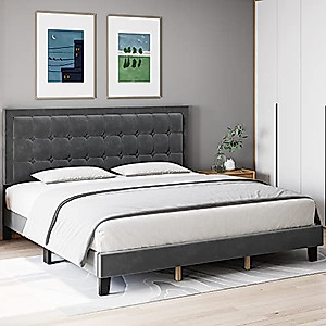 Assile Queen Size Upholstered Bed Frame, Button Tufted Velvet Platform Bed with Adjustable Headboard, Wood Slats, Noise-Free Design, No Box Spring Needed in Light Grey