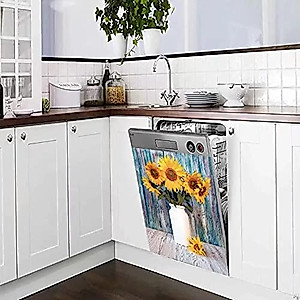 Greture Sunflower White Vase Kitchen Decor Dishwasher Magnet Sticker, Restaurant Household Cabinet Decoration Refrigerator Washing Machine Cabinet Magnetic Wallpaper 23''x26''INCH