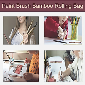 Paint Brush Holder, Bamboo Rollup Pen Case Travel Breathable Bamboo Rolling Bag with 9pcs Cloth Pockets Painting Tool Organizing Case for Acrylic Oil Watercolor Gouache