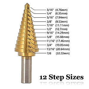 Saiper Titanium Step Drill Bit 3/16" to 7/8" (12 Step Sizes) HSS 4241 Triangle Handle Step Drill Bits Drill Holes for Plastic, Aluminum, PV Plate