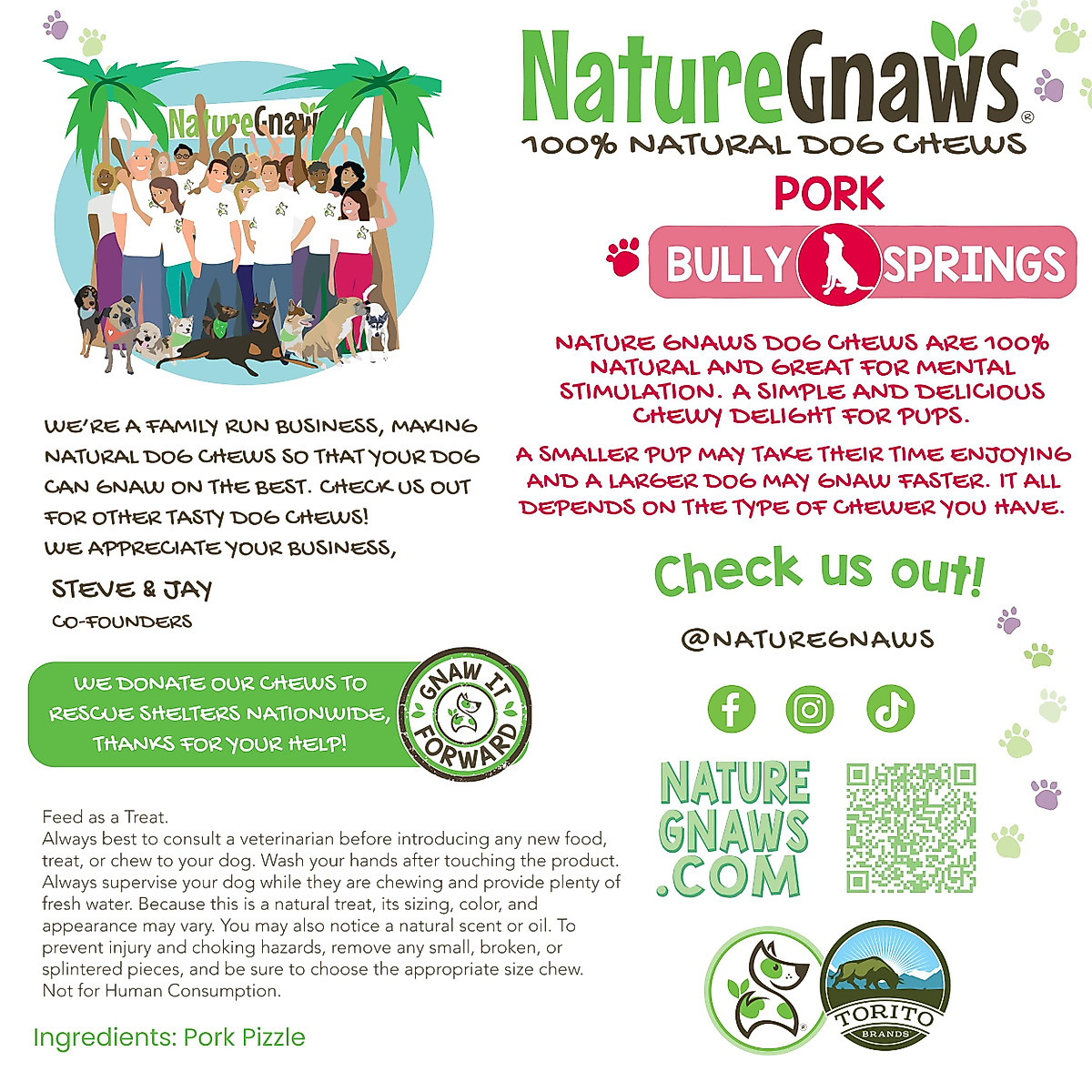 Nature Gnaws Pork Bully Stick Springs for Dogs 7-8" (12 Count) - Long Lasting for Small and Medium Dogs - Natural Bacon Dog Chew Treats - Rawhide Free