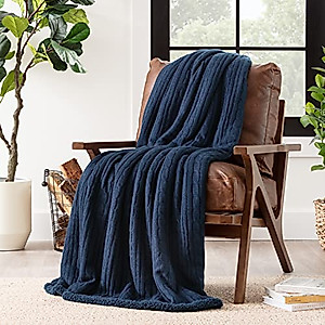 Chanasya Navy Blue Soft Cable Knit Throw Blanket - Fluffy Sherpa Plush Thick Warm Lightweight Cozy Modern Dark Blue Knitted Blankets - for Sofa Couch Living Room and Bed Room (50x65 Inches) - Blue