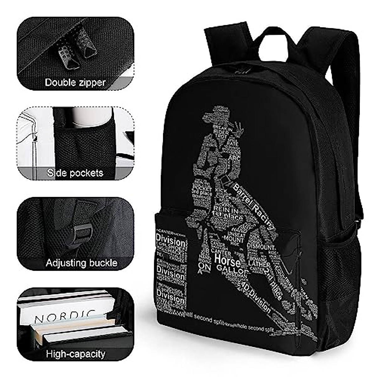 Horserace Barrel Racing Art Backpack Durable Polyester Multipurpose Anti-Theft Shoulder Bag Big Capacity Gym Outdoor Hiking Backpack With Padded Straps